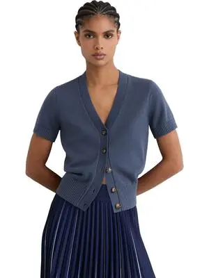 REISS Cotton-wool V-neck Short-sleeve Cardigan - Blue