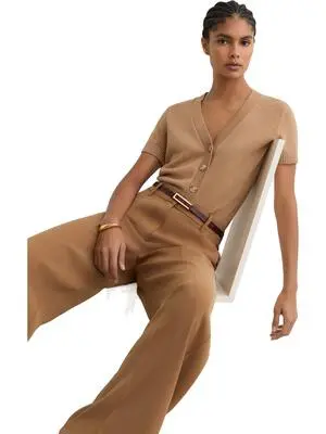 REISS Cotton-wool V-neck Short-sleeve Cardigan - Camel