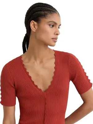 REISS Scallop-trim Rib-knit Top - Rust Red