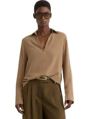 REISS Matte Silk Open Collar Blouse - Camel