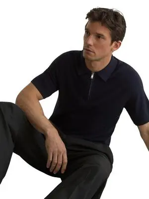 REISS Textured-knit Half-zip Polo Shirt - Navy