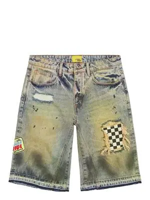 DIET STARTS MONDAY Venice Distressed Patchwork Denim Shorts - Blue