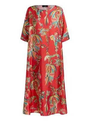 Etro Long Tunic Dress In Silk Twill With Paisley Foliage Motif - Red