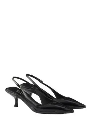 Prada Brushed Leather Slingback Pumps With Metal Buckle And Varnished Heel - Black