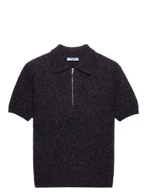 Prada Short-sleeved Wool And Mouliné Cashmere Polo Sweater - Dark Brown/slate