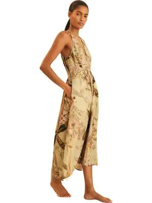 NEW YORK BOTANICAL GARDENS Linen Floral Print Midi Dress - Beige/brown