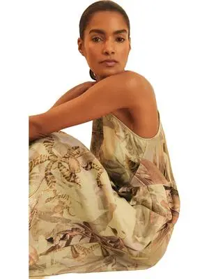 NEW YORK BOTANICAL GARDENS Linen Midi Dress With Tropical Print - Beige/brown