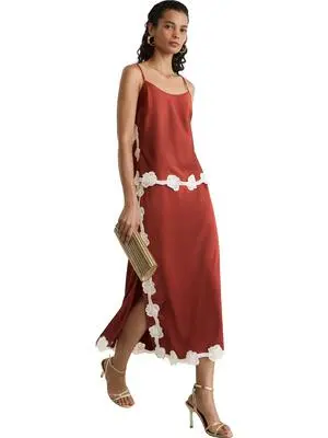 REISS Satin Midi Skirt With Floral Lace Trim - Rust Orange