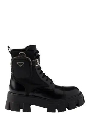 Prada Leather & Re-nylon Monolith Combat Boots - Black