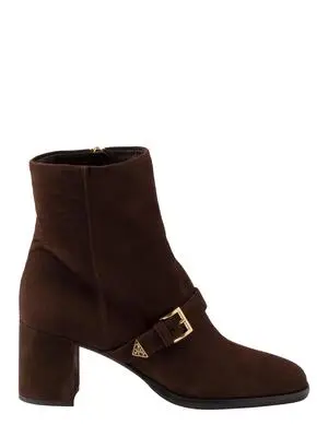 Prada Suede Buckle Ankle Boots - Brown