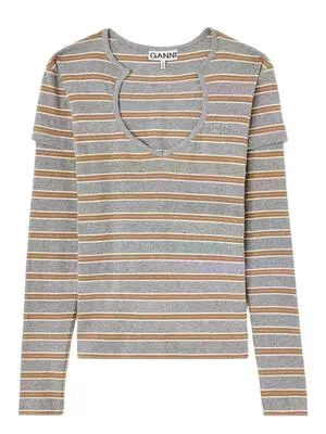 GANNI Striped Cut-out Top - Grey