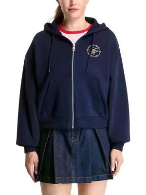 Tommy Hilfiger Logo Embroidered Regenerative Cotton Zip-up Hoodie - Blue