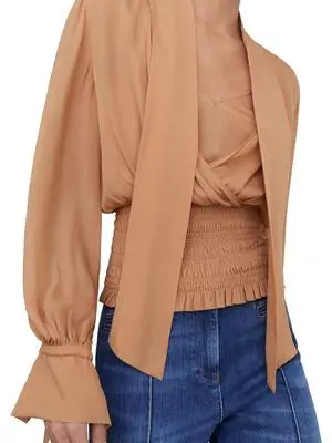 REISS Sheer Tie-neck Shirred Blouse - Rust Orange