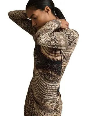 REISS Naomi Snake Print Draped Midi Dress - Brown
