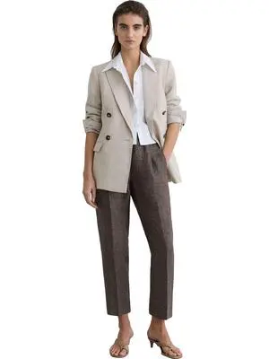 REISS Woven Linen Cropped Tapered Trousers - Brown