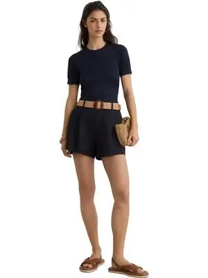 REISS Jacquard Belted Shorts With Linen - Navy