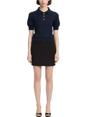 Alessandra Rich Navy Pointelle-knit Puff-sleeve Polo Top - Blue