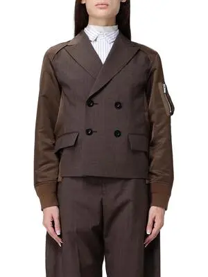 Sacai Slim Fit Double-breasted Short Coat In Wool With Nylon Inserts - Brown