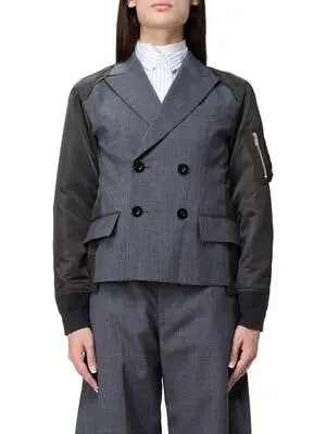 Sacai Slim Fit Double-breasted Short Coat In Wool With Nylon Inserts - Grey