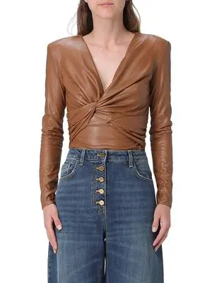 Elisabetta Franchi Long-sleeved Faux Leather Draped Top - Brown