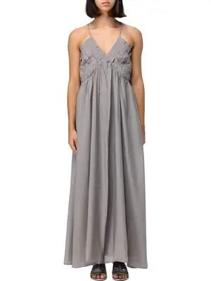 ELEH Flared Long V-neck Dress In Viscose With Open Shoulders - Grey