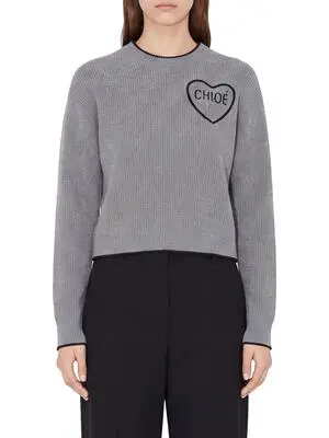 Chloé Ribbed Knit Jumper With Heart Appliqu - Grey