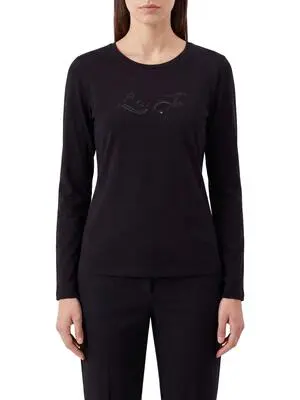 Liu Jo Slim Fit Long-sleeved Cotton T-shirt With Rhinestone Logo - Black