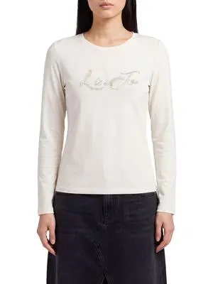 Liu Jo Slim Fit Long-sleeved T-shirt With Rhinestone Logo - White
