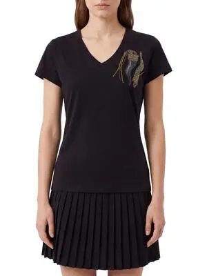 Liu Jo Slim Fit V-neck Cotton T-shirt With Rhinestone Embroidery - Black