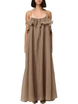 ELEH Long Embroidered Tencel Tunic With Ruffles And A Square Neck - Mud