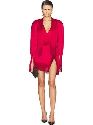 ROWEN ROSE Satin Fringe Mini Dress - Red