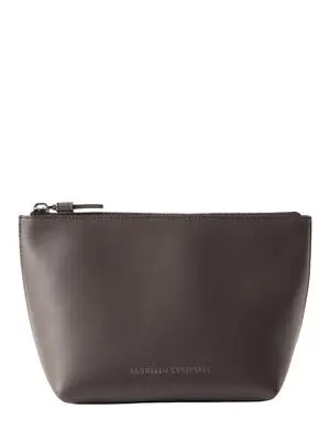 Brunello Cucinelli Bead-embellished Leather Cosmetic Case - Brown