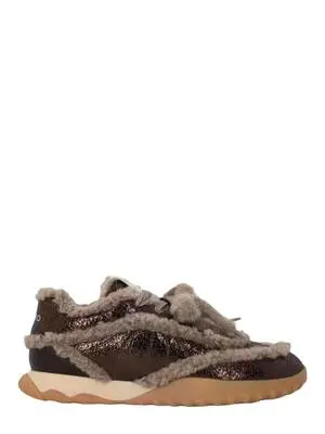 Pinko Cracked-effect Shearling Trim Sneakers - Brown