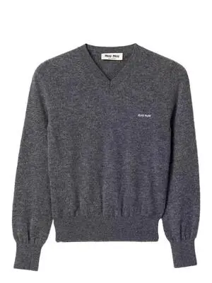 Miu Miu V-neck Wool Cardigan With Intarsia Logo - Grey