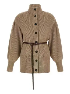 Brunello Cucinelli Belted Ribbed-knit Wool Cardigan - Neutrals