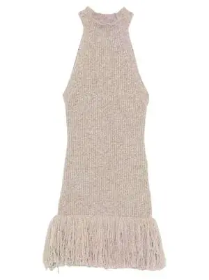ELY ELY Fringe-trim Ribbed-knit Mini Dress - Neutrals