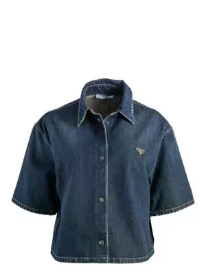 Prada Cropped Denim Shirt With Logo Plaque - Blue
