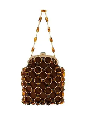 Cult Gaia Brielle Wristlet Leather Handbag With All-over Pearl Detail - Brown