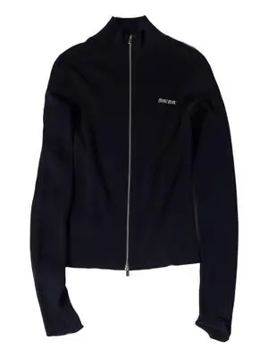 Miu Miu Cotton Zip-up Cardigan With Intarsia Logo - Navy