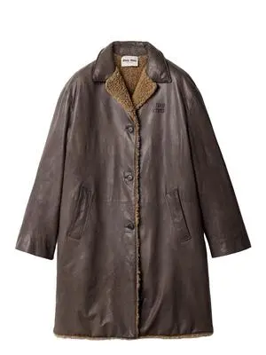 Miu Miu Leather Coat With Shearling-look Lining - Anthracite Gray