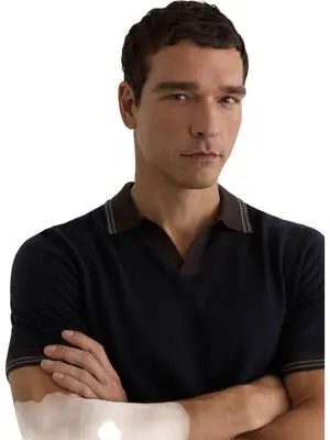 REISS Merino Wool Tipped Polo Jumper - Navy