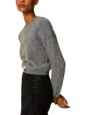 TWINSET Brushed Crew Neck Sweater With Ribbed Details - Grey