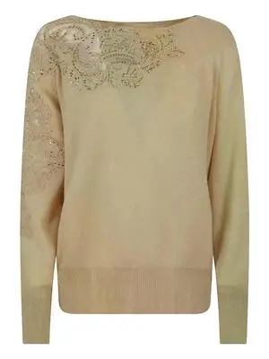 Ermanno Scervino Lace & Crystal Embellished Boat Neck Sweater - Neutrals