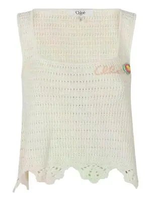 Chloé Sleeveless Cropped Crochet Knit Top With Scalloped Trim - Neutrals