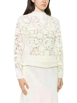 ERMANNO FIRENZE Ecru Wool Floral Lace High Neck Sweater - Neutrals