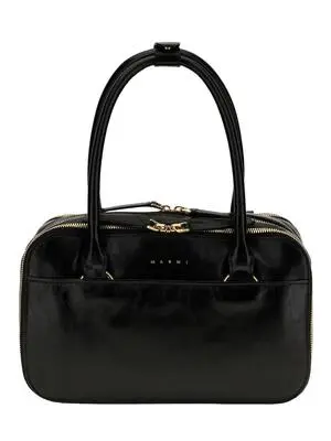 Marni Small Leather Boston Bag With Wrinkled Effect And Double Handle - Black
