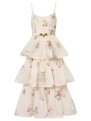 Zimmermann Floral Pleated Tiered Bustier Dress - Beige