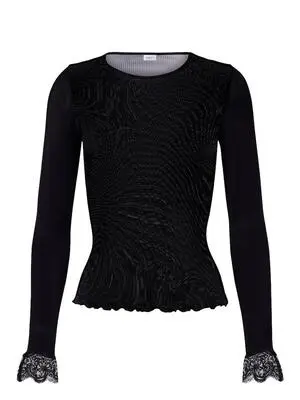 Saint Laurent Lace-trimmed Ribbed-knit Silk Top - Black
