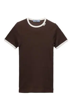 Prada Ribbed Knit Crew Neck Short Sleeve Top - Ebony/white