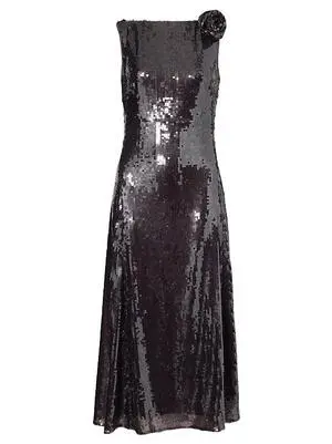ROTATE BY BIRGER CHRISTENSEN Floral-embellished Square-neck Sequin Maxi Dress - Mole